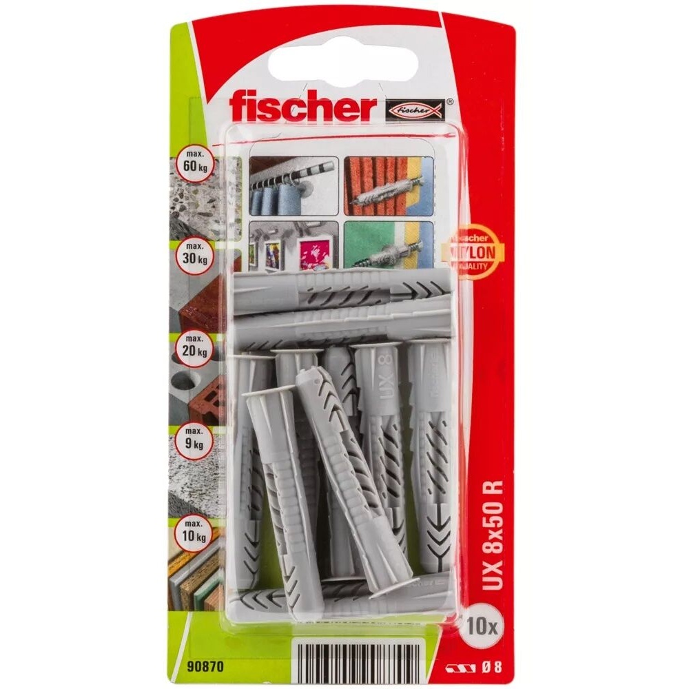 Fischer, Universalplugs med krave, UX, 8x50 mm, 10 stk. - Silvan