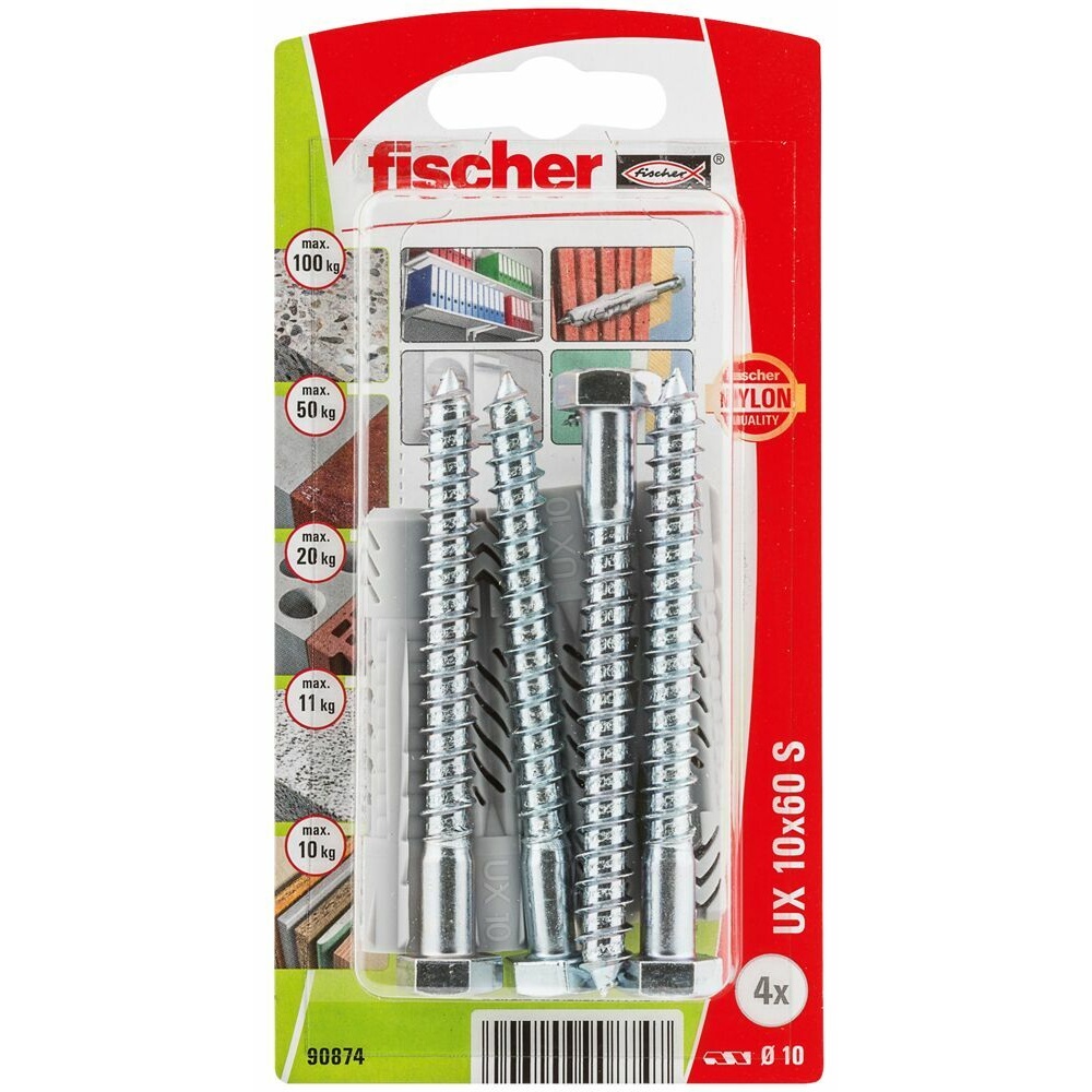 Fischer, Universalplugs med skrue, UX, 10x60 mm, 4 stk. - Køb Plugs online
