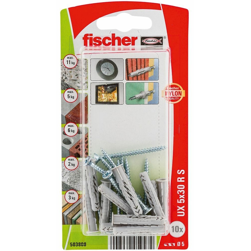 Fischer, Universalplugs med skrue, UX, 5x30 mm, 10 stk. - Silvan