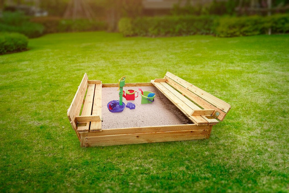 Sandkasse m/bænk og låg, 120x120 cm, ubehandlet - Silvan