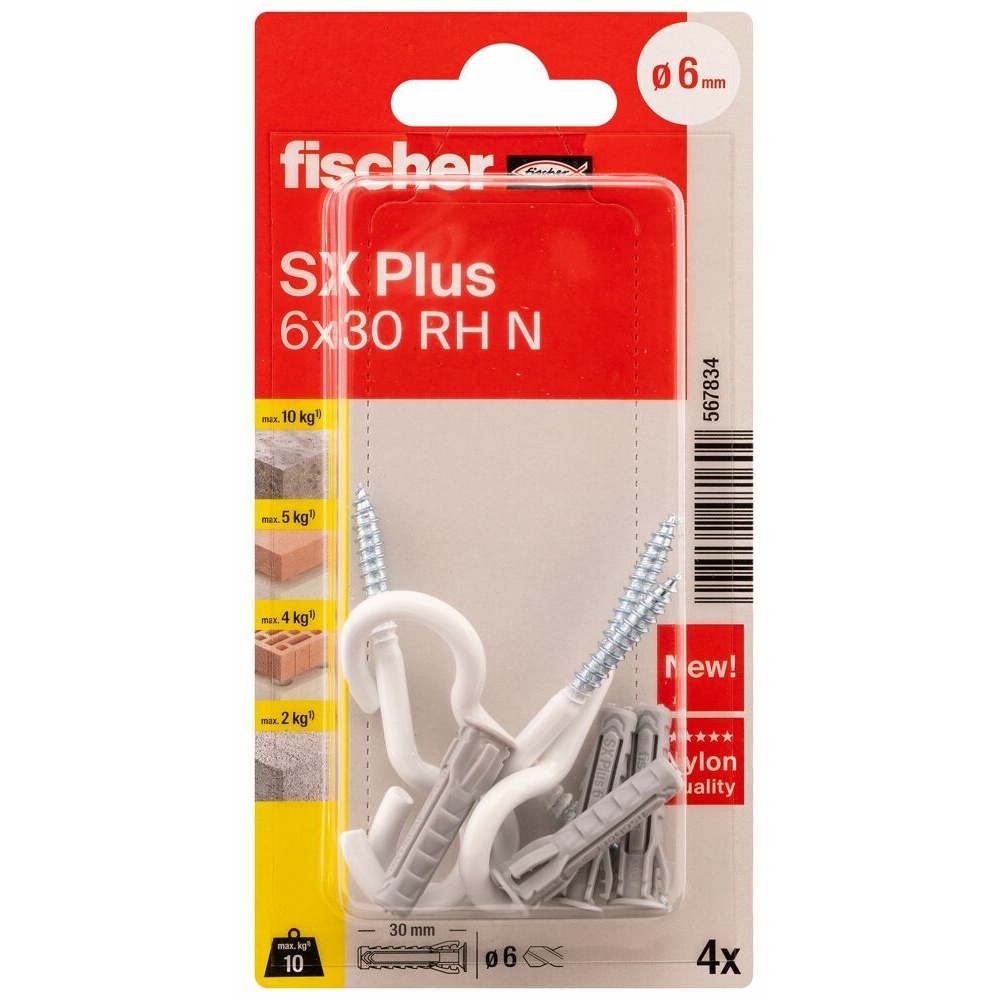 Fischer, Murstens- og betonplugs med runde kroge, SX Plus, 6x30 mm, 4 ...